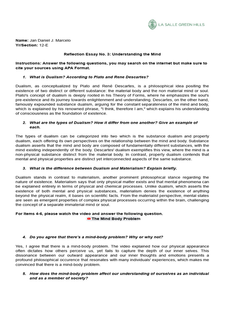 Marcelo Reflection Essay No. 3 | PDF | Mind–Body Problem | Mind