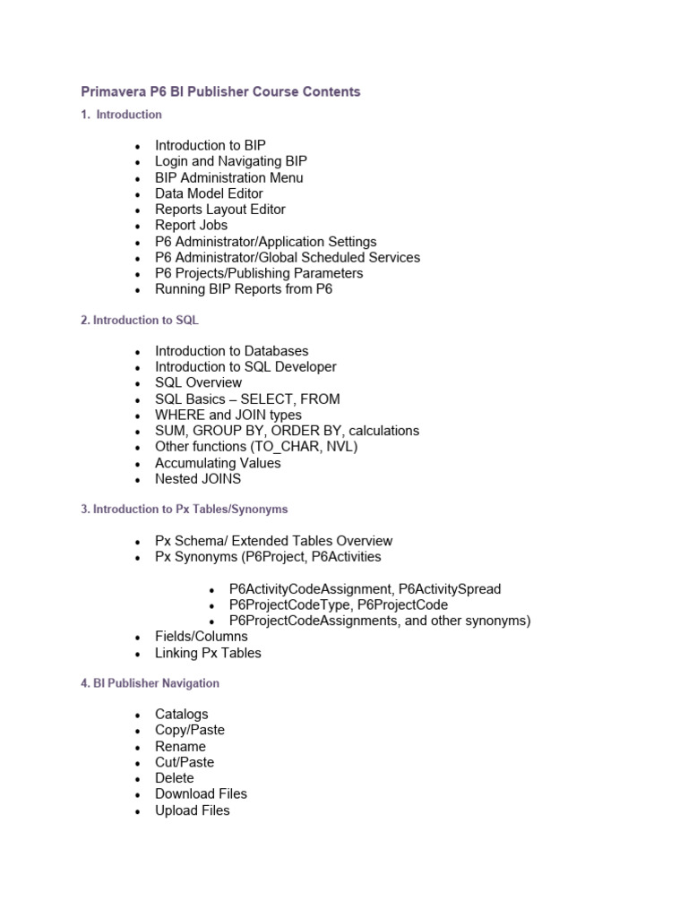 Primavera P6 BI Publisher Course Contents | PDF | Sql | Page Layout