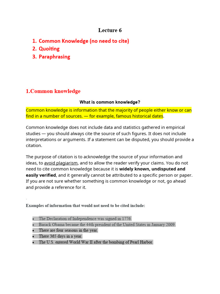 L-6 Sheet Common Knowledge, Quoiting, Paraphasing Using Online Tools ...