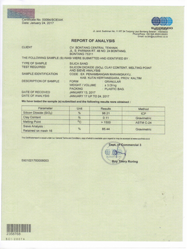 COA Pasir Silika Halus | PDF
