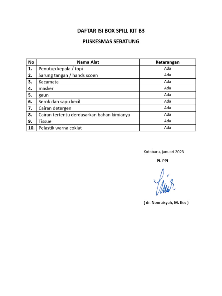 Daftar Isi Spill Kit B3 Puskesmas Sebatung | PDF