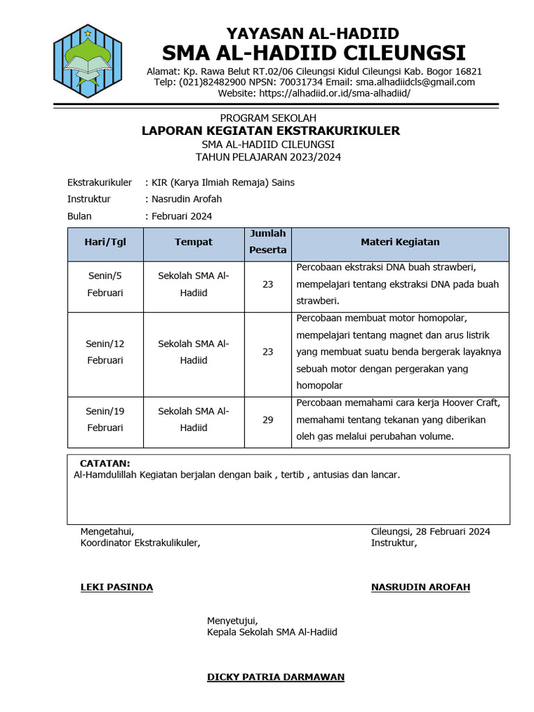 Laporan Bulanan Februari 2024 Kir Sains | PDF