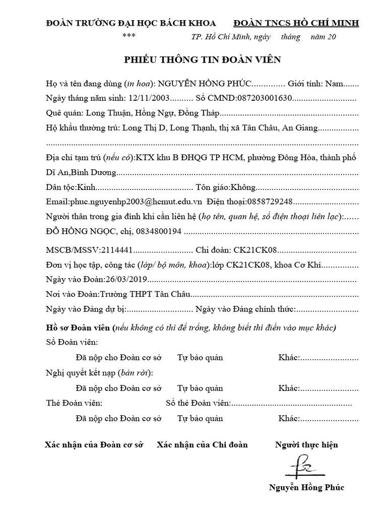 P.2. Phieu Thong Tin Doan Vien 2 | PDF