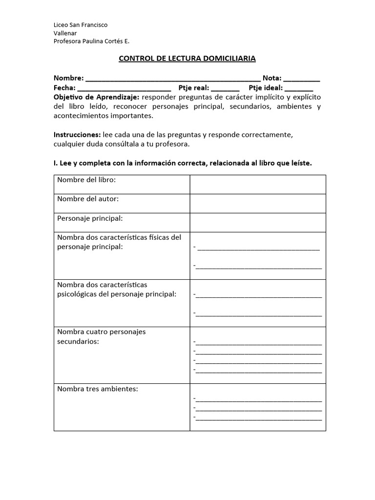 Control de Lectura: Análisis de Personajes | PDF | Libros para adolescentes