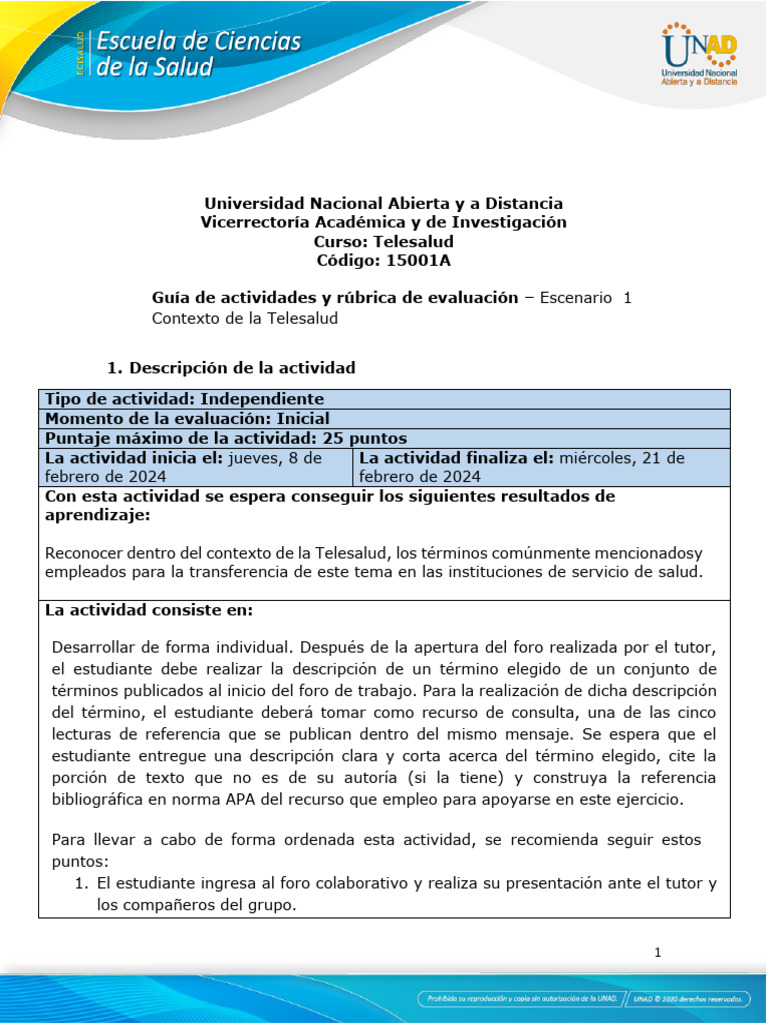 Guía de Actividades y Rúbrica de Evaluación - Unidad 1 - Escenario 1 - Contexto de La Telesalud ...