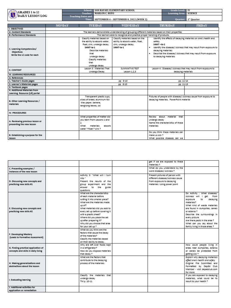 DLL - Science 4 - Q1 - W2 | PDF | Learning | Cognition