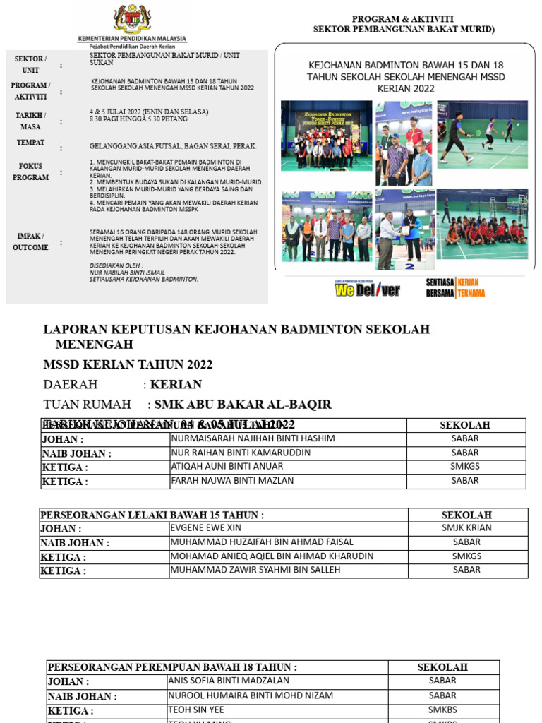 Laporan Terkini Kejohanan Badminton PPD Kerian | PDF