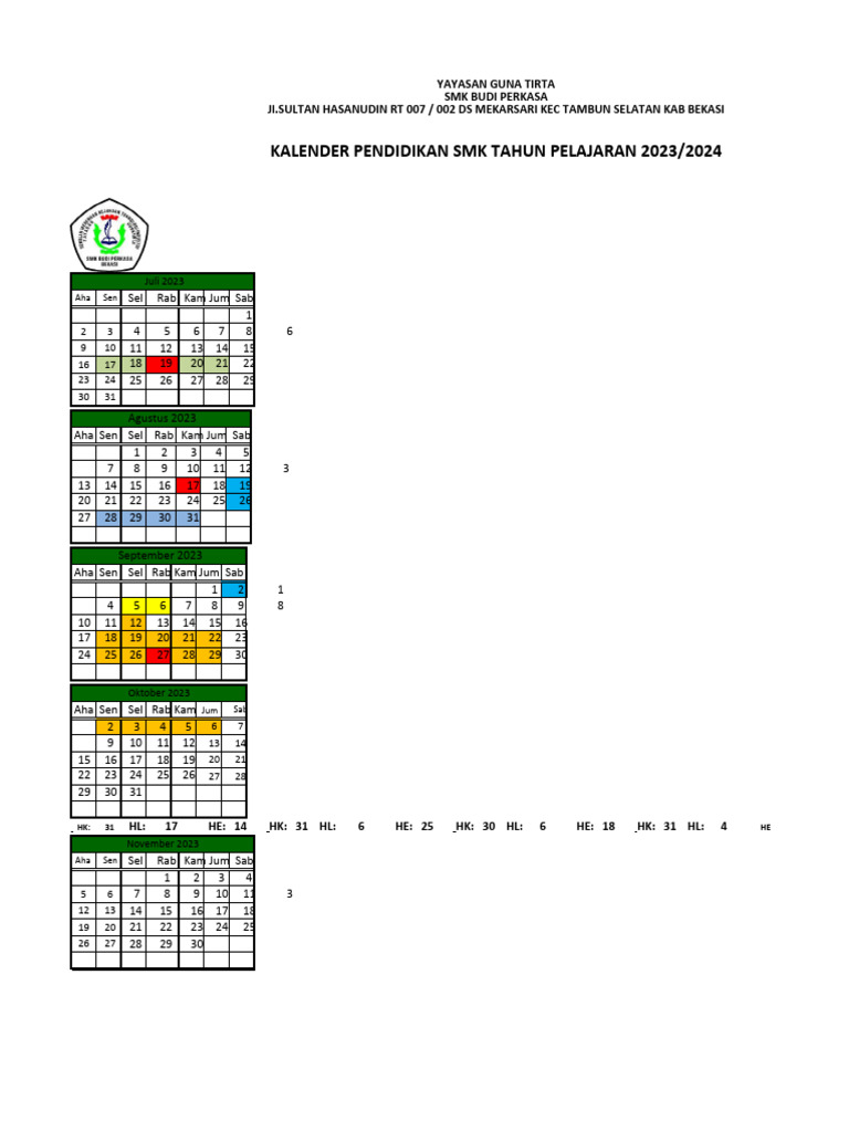 Kalender Pendidikan SMK Budi Perkasa 2023 2024 | PDF