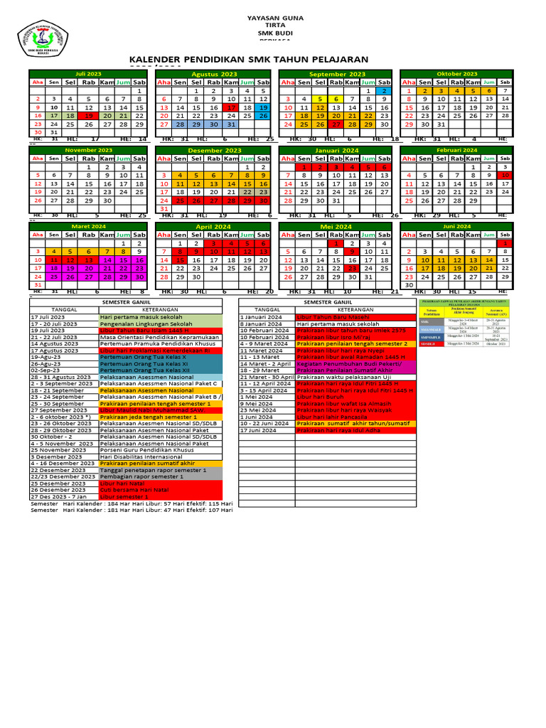 Kalender Pendidikan SMK Budi Perkasa 2023 2024 NEW | PDF