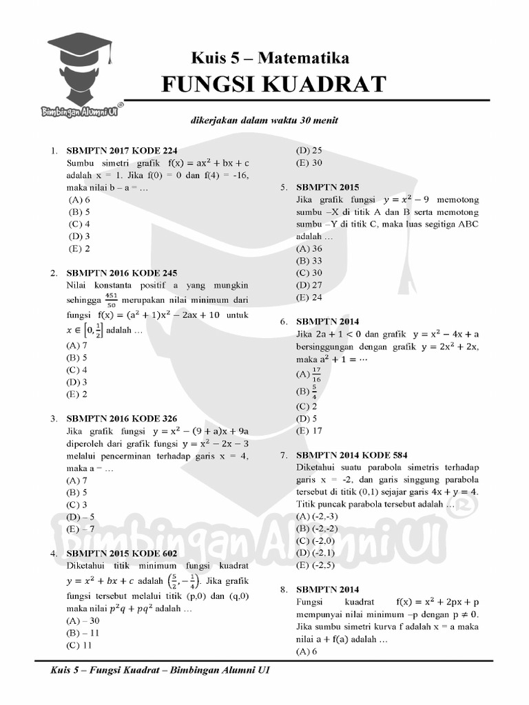 Kuis 5 - Bab Fungsi Kuadrat Bimbingan Alumni UI | PDF