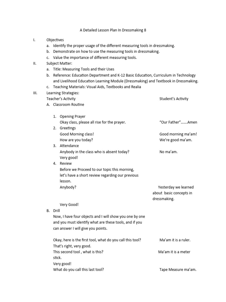 Dressmaking Tools for Students | PDF | Lesson Plan | Cognition