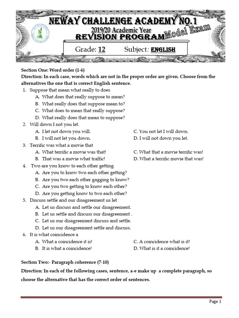 English Model Exam For Grade 12 | PDF