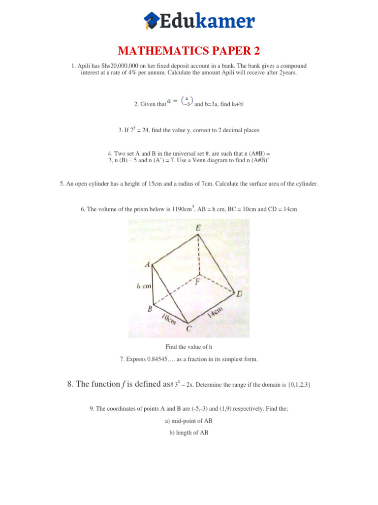 Uneb Mathematics Paper 2 2019 | PDF
