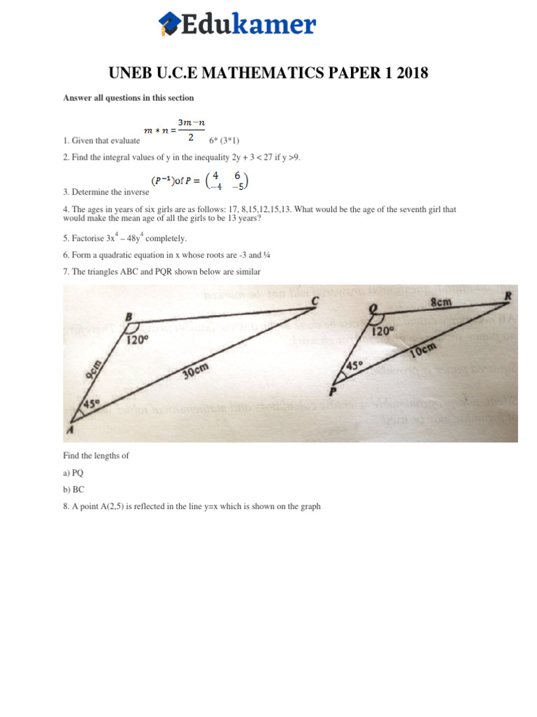 Uneb u.c.e Mathematics Paper 1 2018 | PDF | Cartesian Coordinate System ...