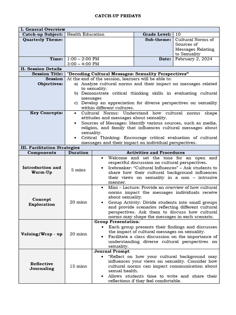 Catch Up Fridays - Health Education Lesson Plans | PDF | Sexually ...