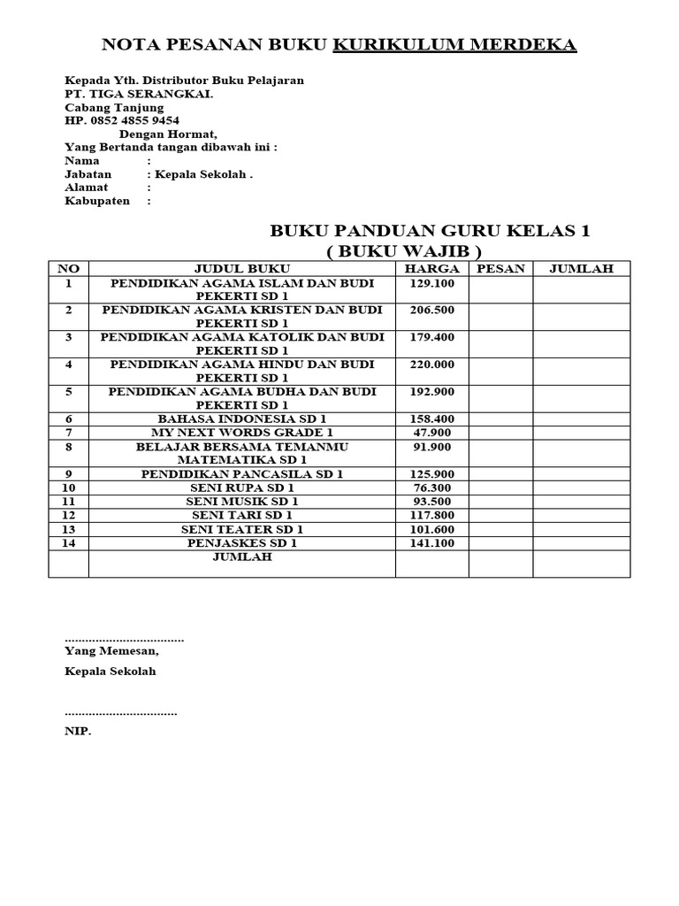 Nota Pesanan Buku Kurikulum Merdeka Kelas 1 Buku Panduan Guru Tahun ...