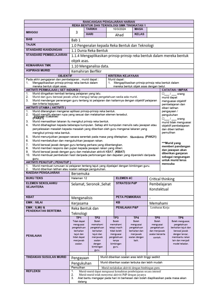 RPH Minggu 3 SMK RBT Tingkatan 1 2024-2025 by Cikgu Gorgeous | PDF