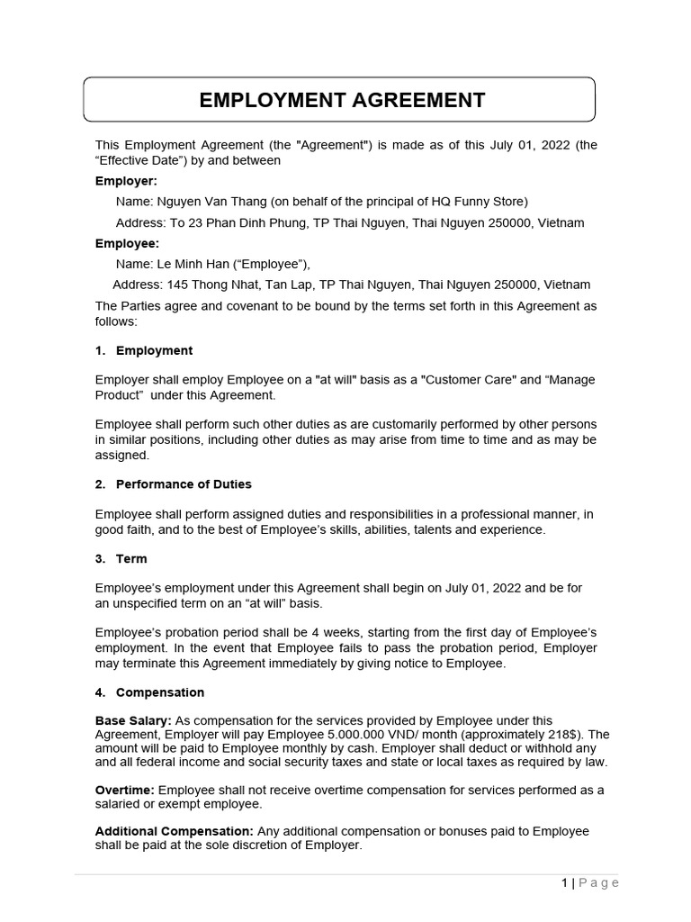 Employment Agreement Pdf Trade Secret Employment