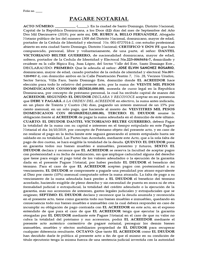 PAGARE NOTARIAL dantel | PDF | Pagos | República Dominicana