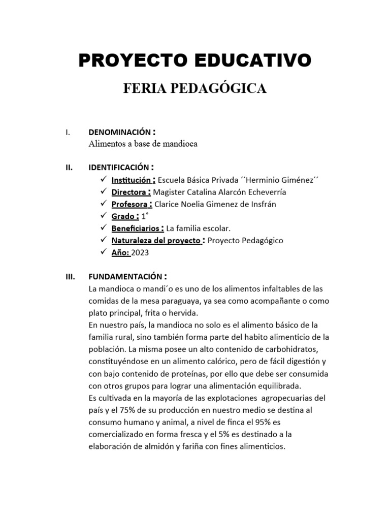 Proyecto Educativo de La Mandioca | PDF | Alimentos