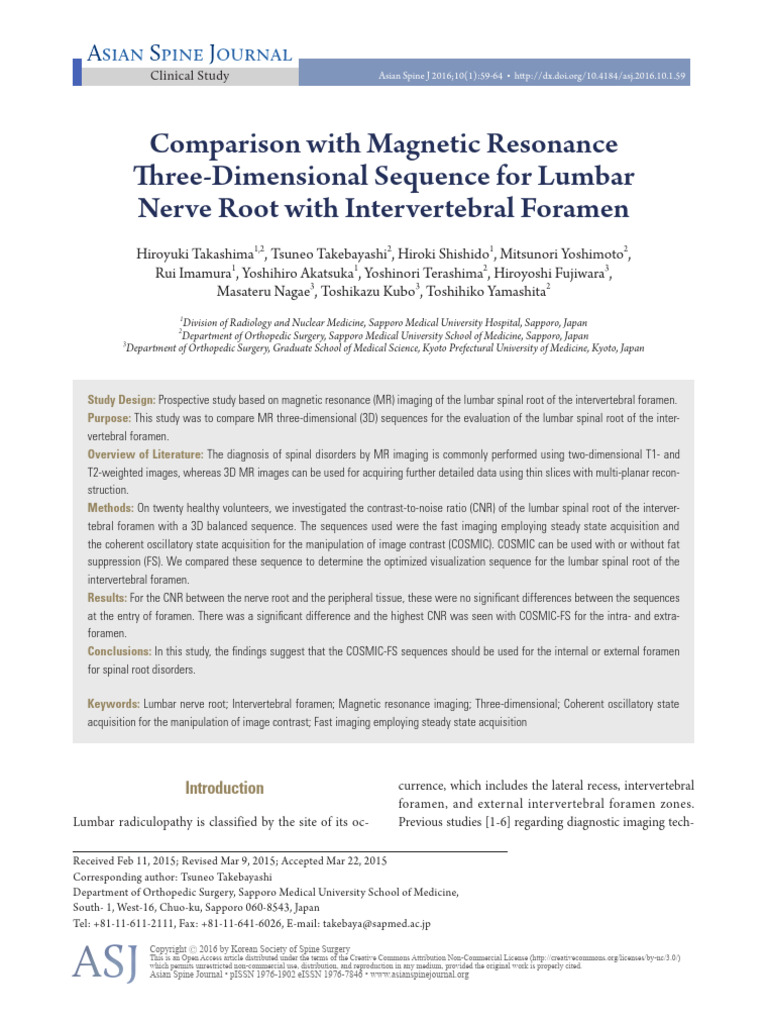 3D Sequence For Lumbar Nerve Root With Interverbetbral Foramen COSMIC | PDF | Magnetic Resonance ...