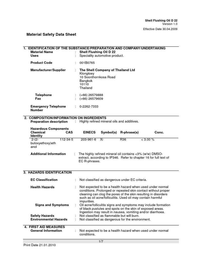 Shell-GSAP - Msds - Flushing Oil D22 | PDF | Toxicity | Hazards