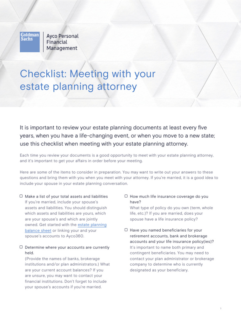 Estate Planning Attorney Checklist | Download Free PDF | Goldman Sachs ...