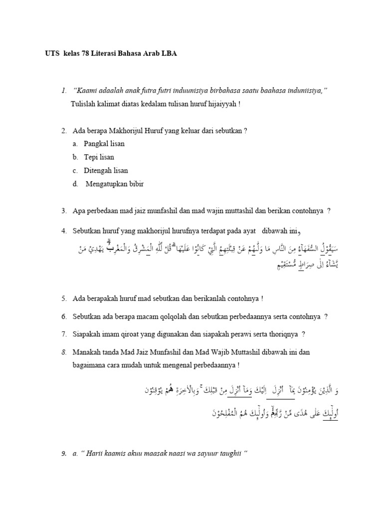 UTS Literasi Bahasa Arab Kelas 78 | PDF