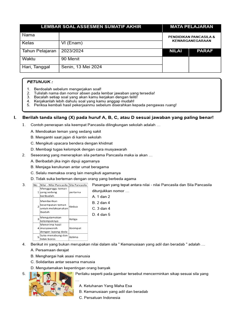 Soal ASA GENAP PKN Kelas 6 Dan Kunci Jawaban | PDF