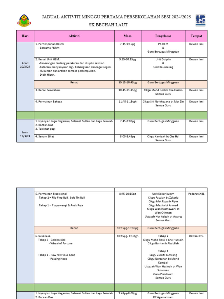 Aktiviti Minggu Pertama Persekolahan Sesi 2024 | PDF