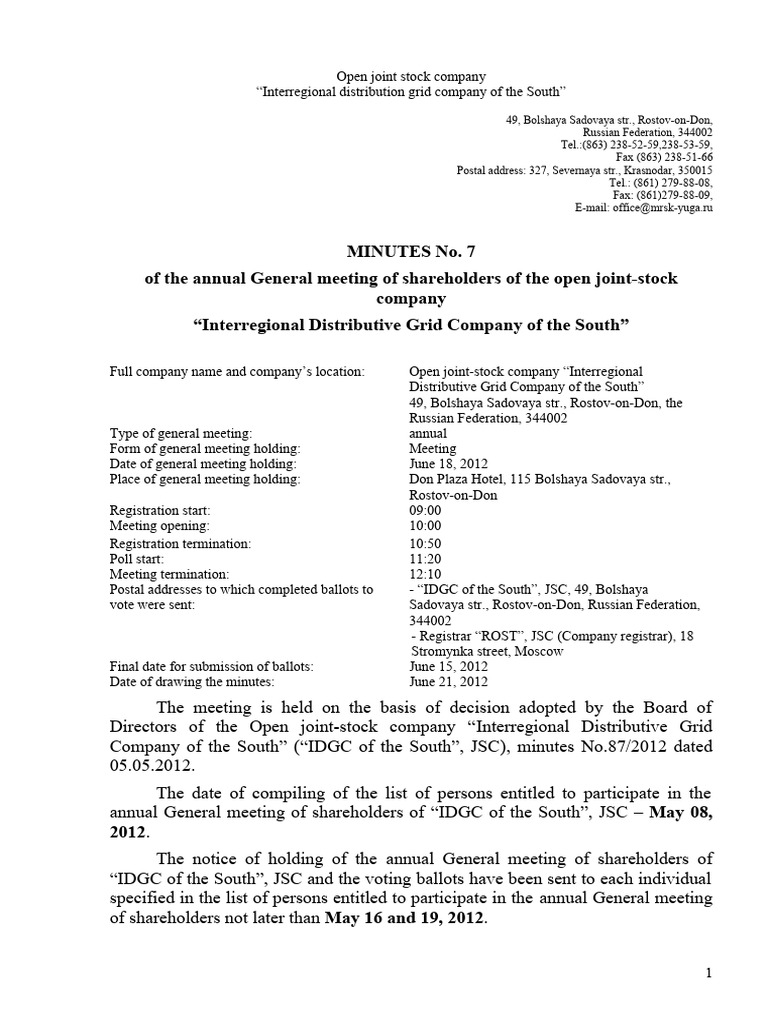 Minutes No. 7 of The Annual General Meeting of Shareholders of The Open ...