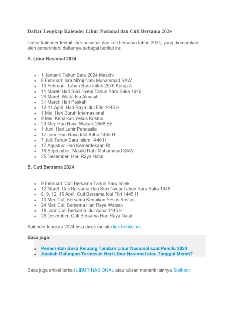 Kalender Libur dan Cuti Bersama 2024 | PDF