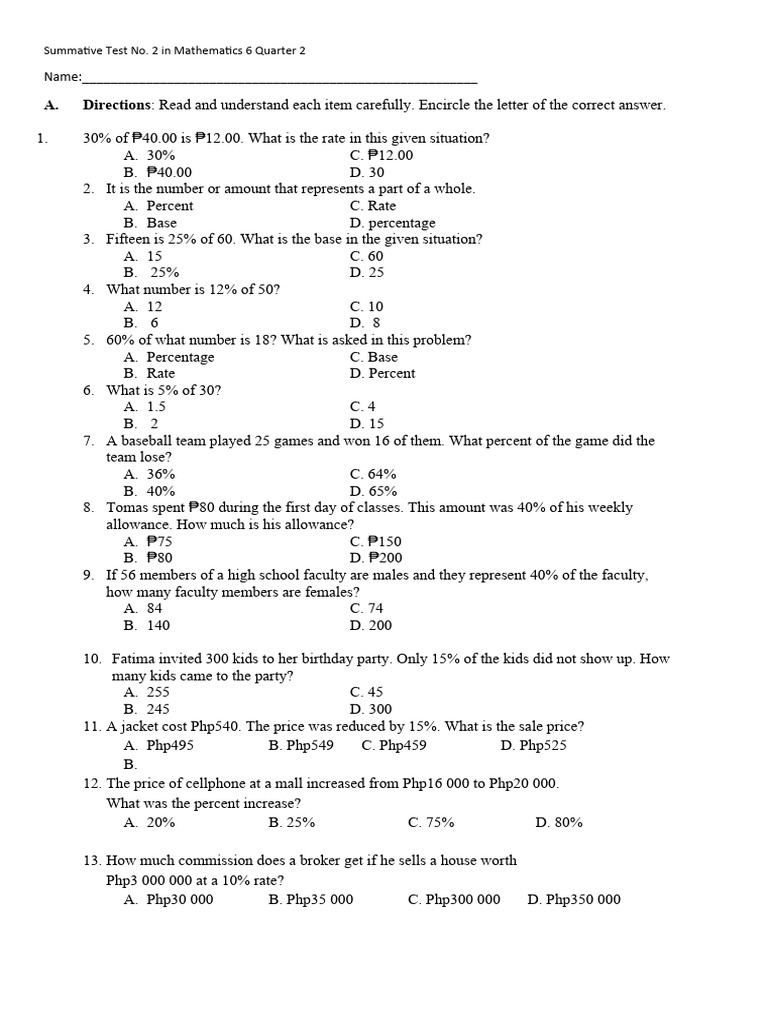 Math 6 Summative Test: Percentages | PDF | Percentage | Economies