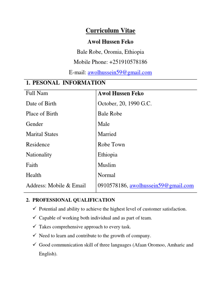 Curriculum Vitae Awol H | PDF | Ethiopia