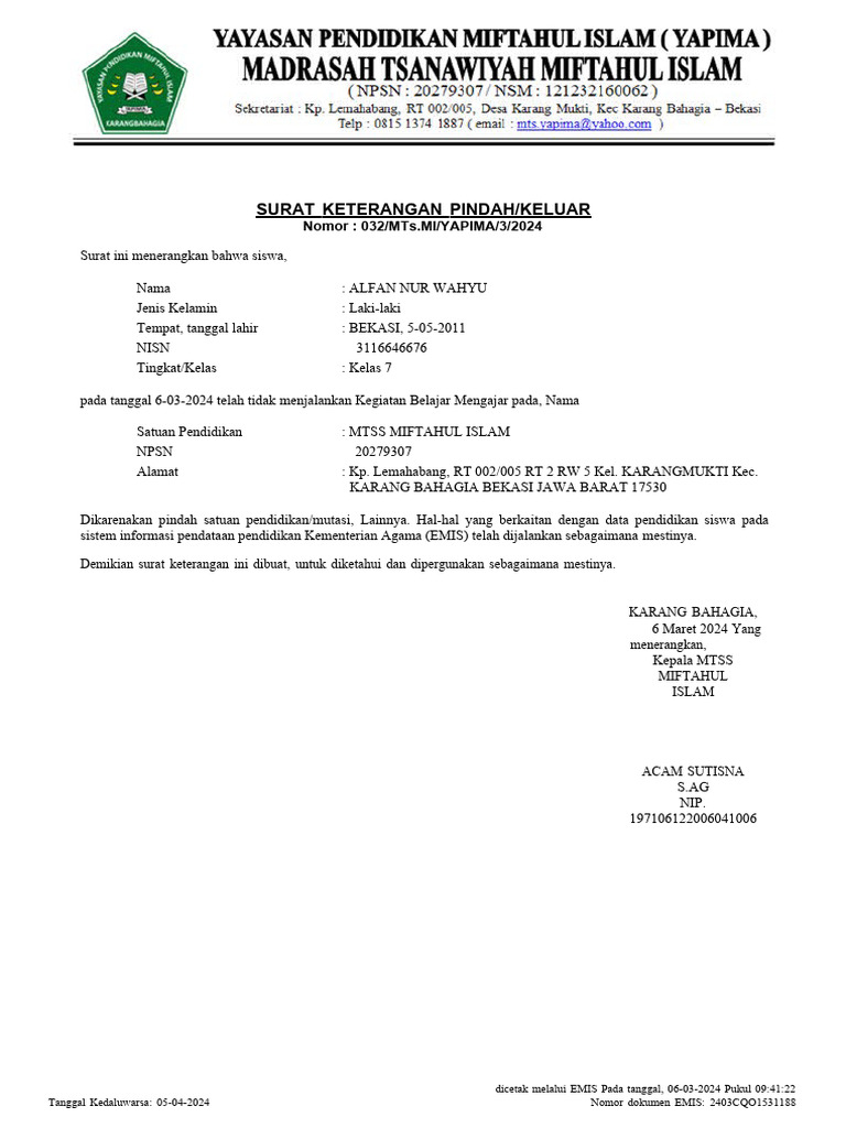 Mutasi Keluar - Surat Keterangan - ALFAN NUR WAHYU | PDF