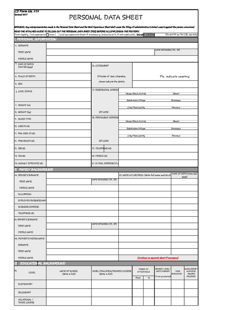Cs Form No. 212 Revised Personal Data Sheet - New | PDF | Passport | Government