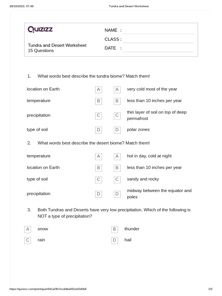 Tundra and Desert Worksheet | Download Free PDF | Desert | Precipitation