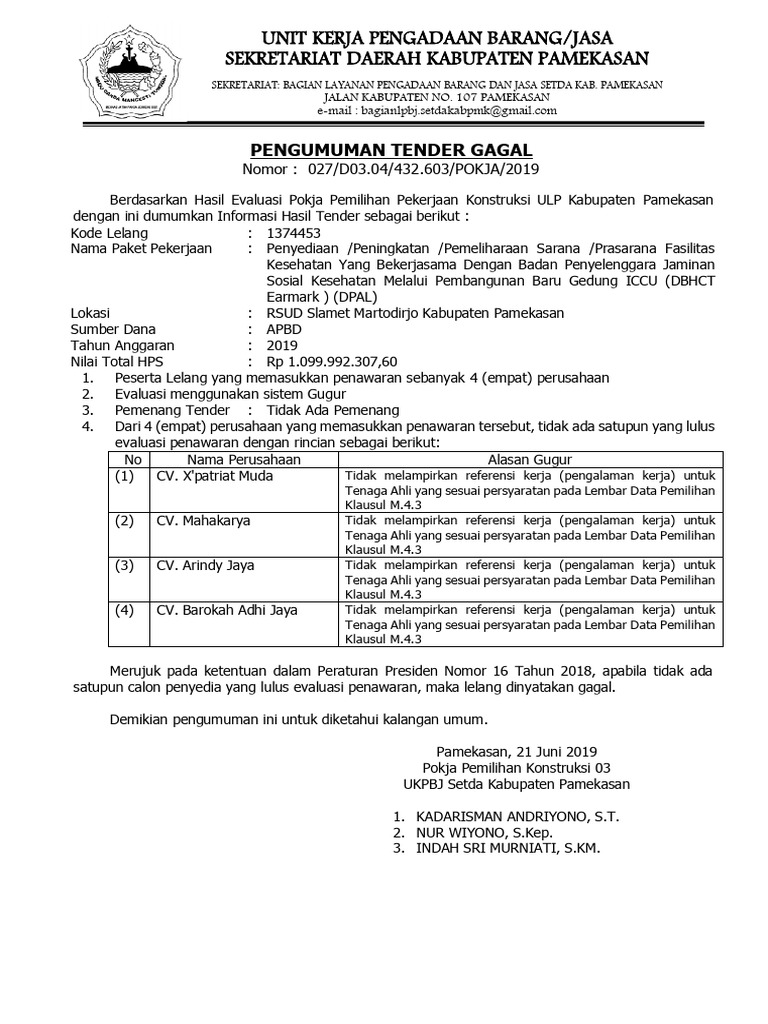 12 Pengumuman Gagal Tender ICCU 2 | PDF