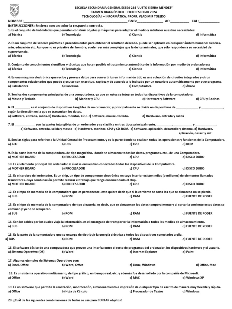 Examen Diagnostico Computación Secundari | PDF | Hardware de la ...
