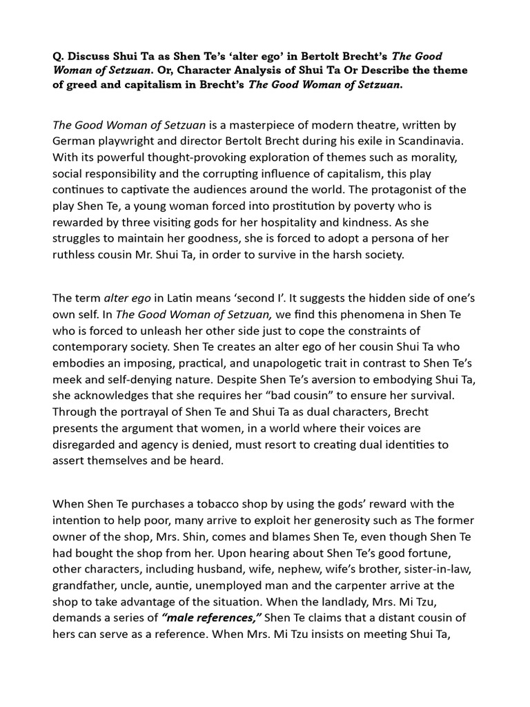 Shui Ta: Shen Te's Alter Ego Explained | PDF | General Fiction
