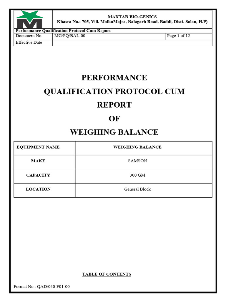 Performance Qualification Protocol Cum OF Weighing Balance: Document No ...