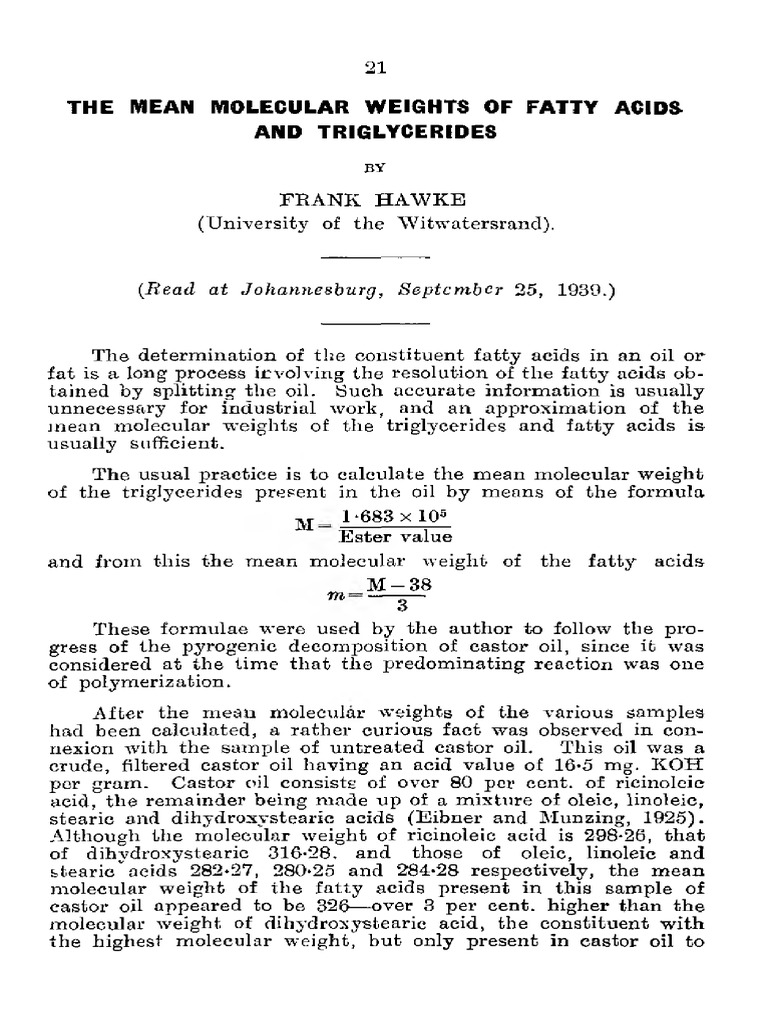 Hawke 1970 The Mean Molecular Weights of Fatty Acids and Triglycerides ...