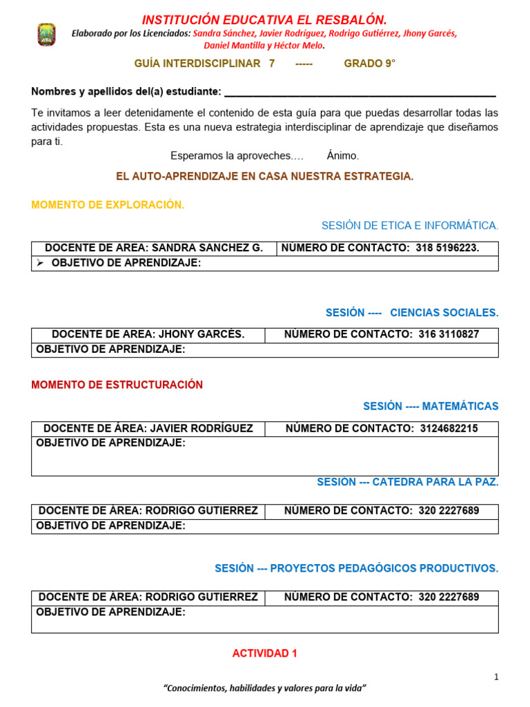 Formato Guia Interdisciplinar | PDF | Maestros | Aprendizaje