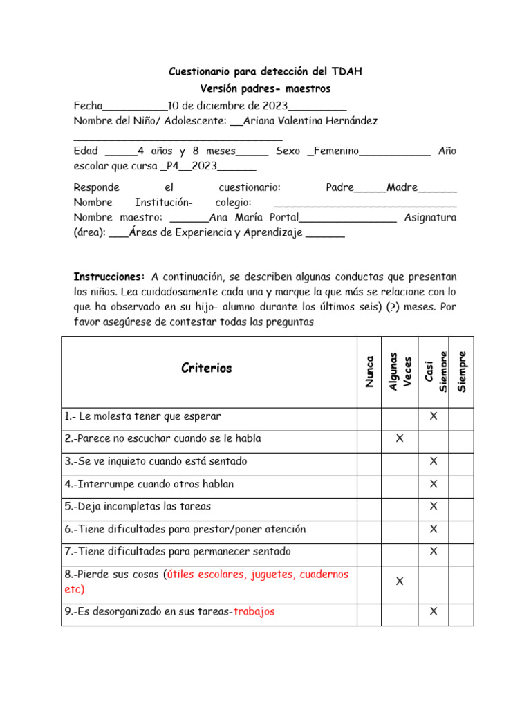 Cuestionario para Detección Del TDAH - Docx para Docentes-1 | PDF