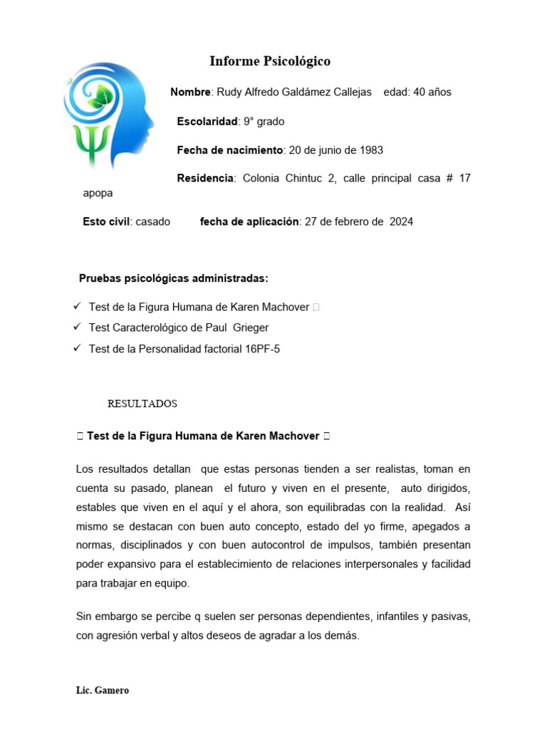 informe psicológico Antonio | PDF | Sicología | Ciencias del comportamiento