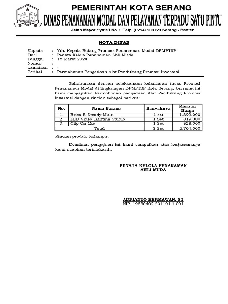 Nota Dinas Permohonan Alat | PDF