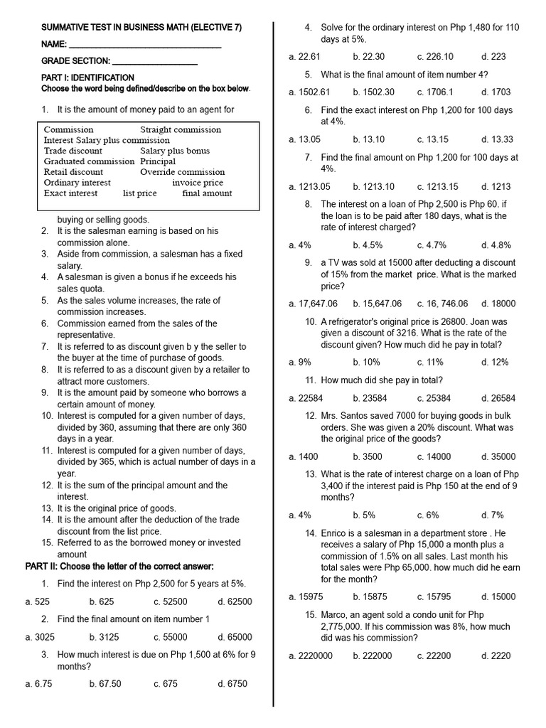 Practice Test in Business Math | PDF | Discounts And Allowances | Interest