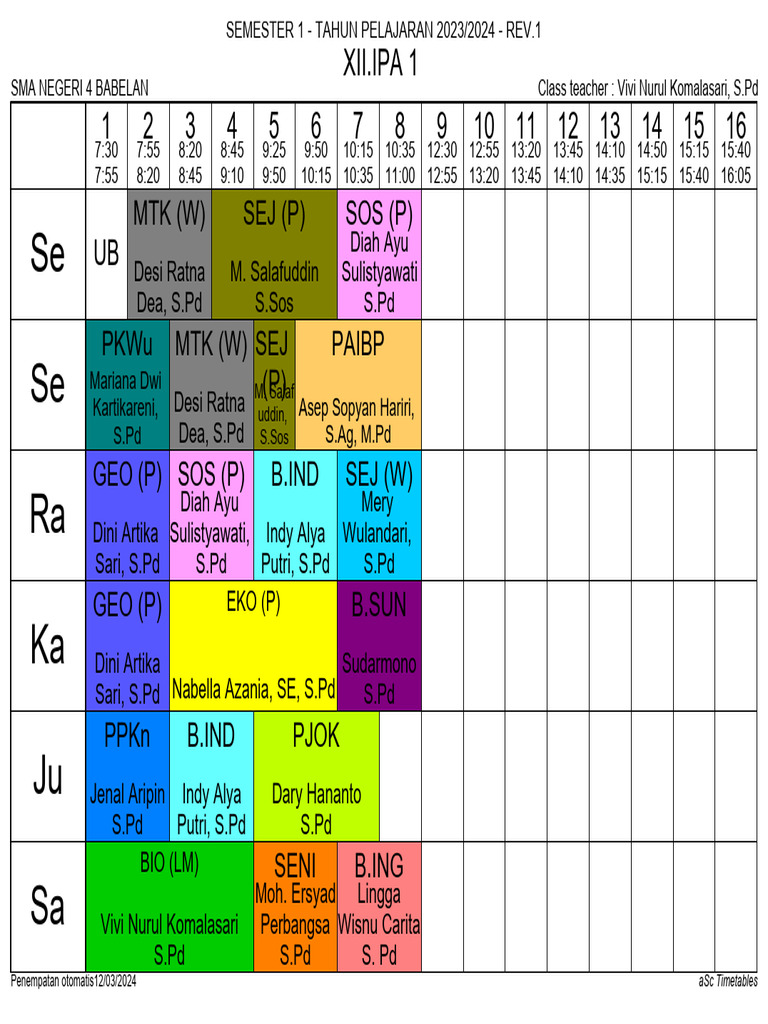Jadwal Pelajaran SMA 4 Babelan 2023/2024 | PDF