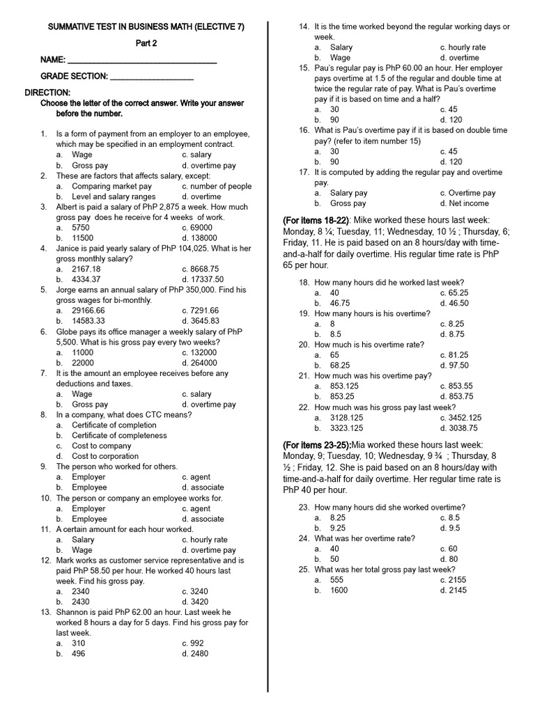 Business Math Assessment: Payroll Focus | PDF | Overtime | Salary