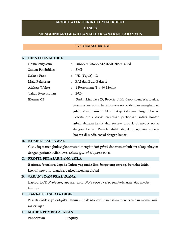 Modul Ajar Kelas 7 PAI - Bab 8 Edit | PDF